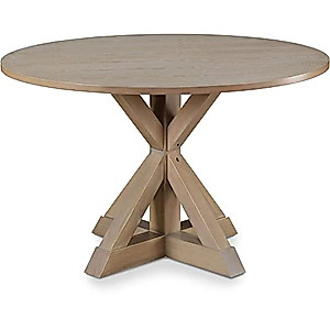 Finch Alfred Round Solid Wood Rustic Dining Table for Farmhouse Kitchen Room Decor, Wooden Trestle Pedestal Base, 46.5" Wide Circular Tabletop, Distressed Beige