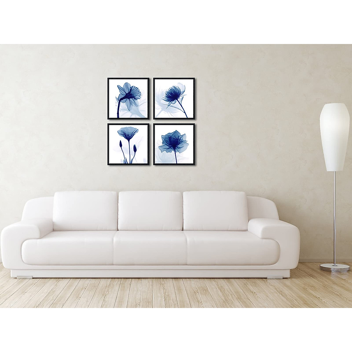 Pyradecor Black Framed Blue Flickering Flower Modern Abstract Paintings Canvas Wall Art Grace Floral Pictures on Canvas Prints 4 Panels Artwork for Bedroom Office Home Decorations