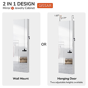 GISSAR Full Length Mirror Jewelry Cabinet, 6 LEDs Jewelry Armoire Wall Mounted Over The Door Hanging, Jewelry Organizer Storage with Lights Lockable, Bright White, 14.6" x 47.2"