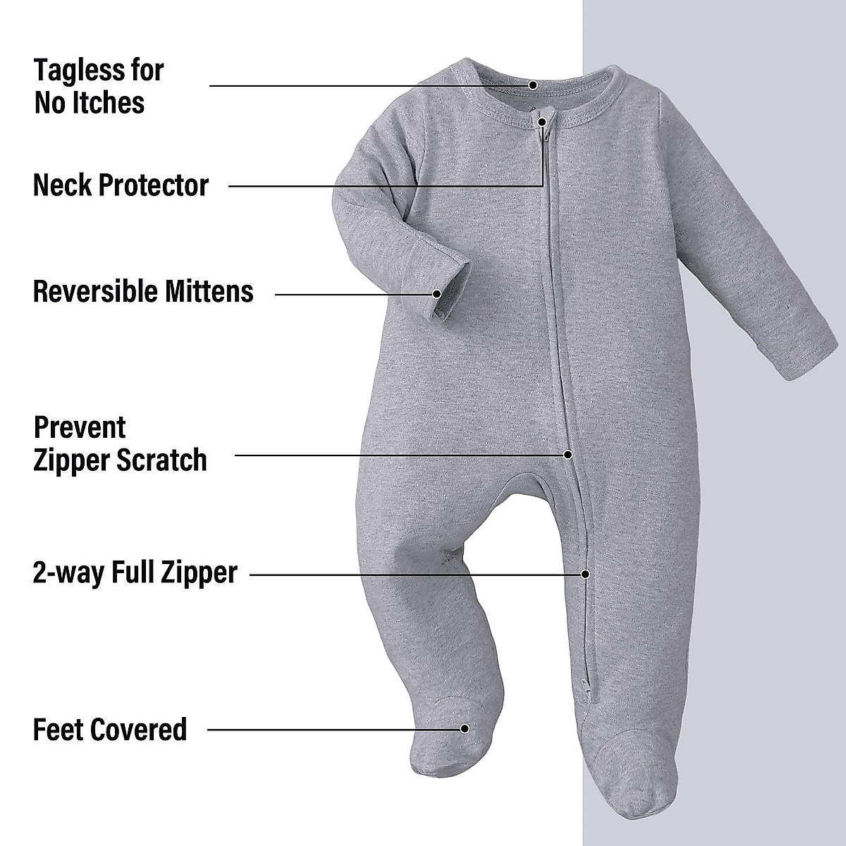 OPAWO Newborn Baby Footed Romper with Mitten Cuffs Blank Cotton Onesie Double Zipper Jumpsuit for Boys Girls 0-6 Months(Zipper/Black/White/Gray,0-3Months)