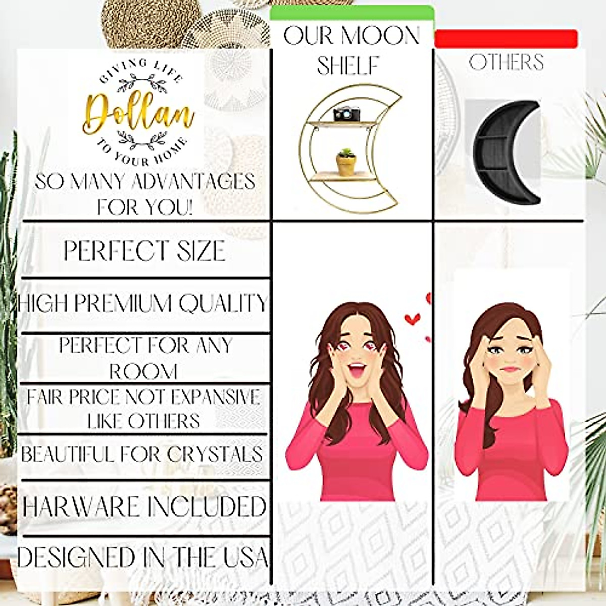 Crescent Moon Shelf for Crystals,Gold Shelf,Crystal Shelf for Wall Decor, Gold Floating Shelves, Moon Shelf Crystal Wall Decor, Moon Decor,Stones Essential Oil, Wooden Shaped Crystal Display Shelf.