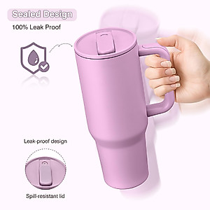 Pawtong 40oz Magnetic Lid Insulated Tumbler with Handle, 360° Rotating & Removable Cover, Leak-Proof Travel Mug with Soft Silicone Straw for Drivers, Commuters, Road Trips, Dishwasher Safe (Purple)