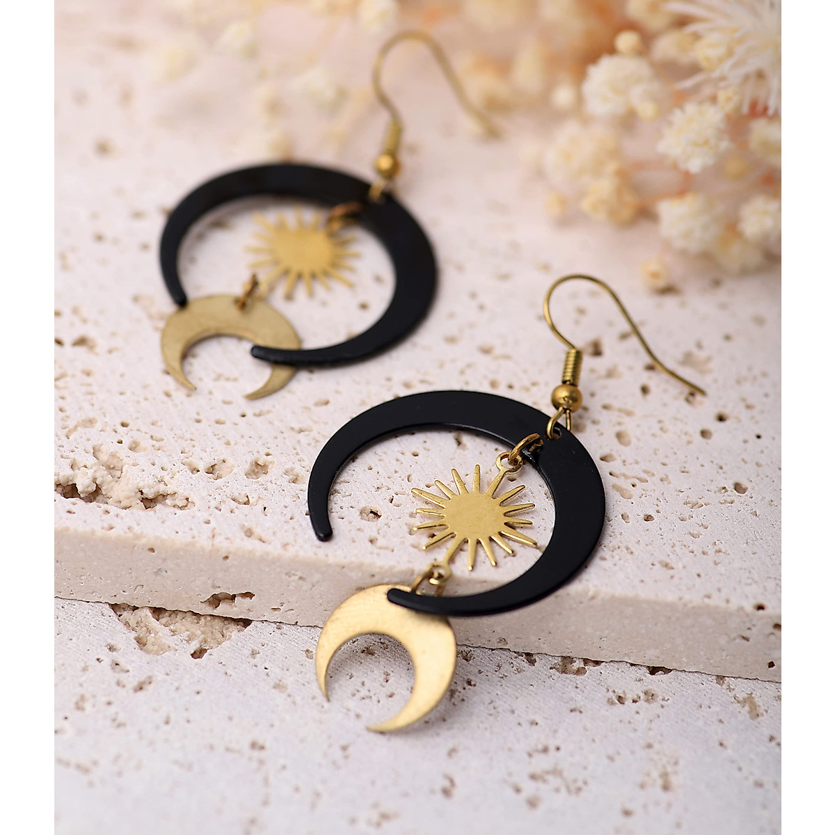 Sacina Gothic Boho Sun and Moon Earrings, Crescent Moon Star Pendant, Celestial Earrings, Goth Jewelry Gift for Women (Black Moon Sun)