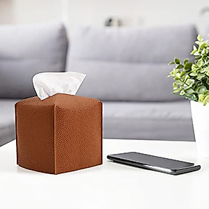 MecTo Tissue Box Cover, Square PU Leather Tissue Box Holder, Modern Tissue Case Facial Paper Cube Tissue Holder Decorative for Bathroom Vanity Countertop, Night Stands, Car, Office (5"x5"x5'', Camel)