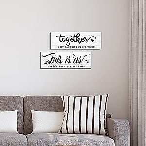 Kas Home Farmhouse Wall Decor - 2 Pieces This Is Us & Together Rustic Canvas Wall Art for Home Inspirational Print Bedroom Decor Plaque Hanging Decorations for Living Room (5.5 x 16.5 inch, White - 2 Pieces)