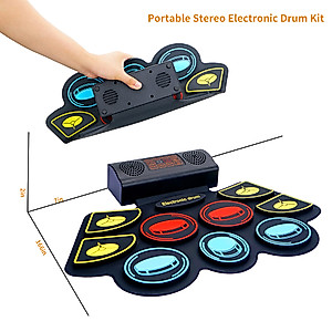 (9 Pads) Electronic Drum Set with Light Up Drumsticks and Stand, Electronic Drum Pad with 5 Different Drum Kit, 10 Unique Rhythms, Bulit-in Double Speakers, Roll Up Drum Kit, Kids Drum Set