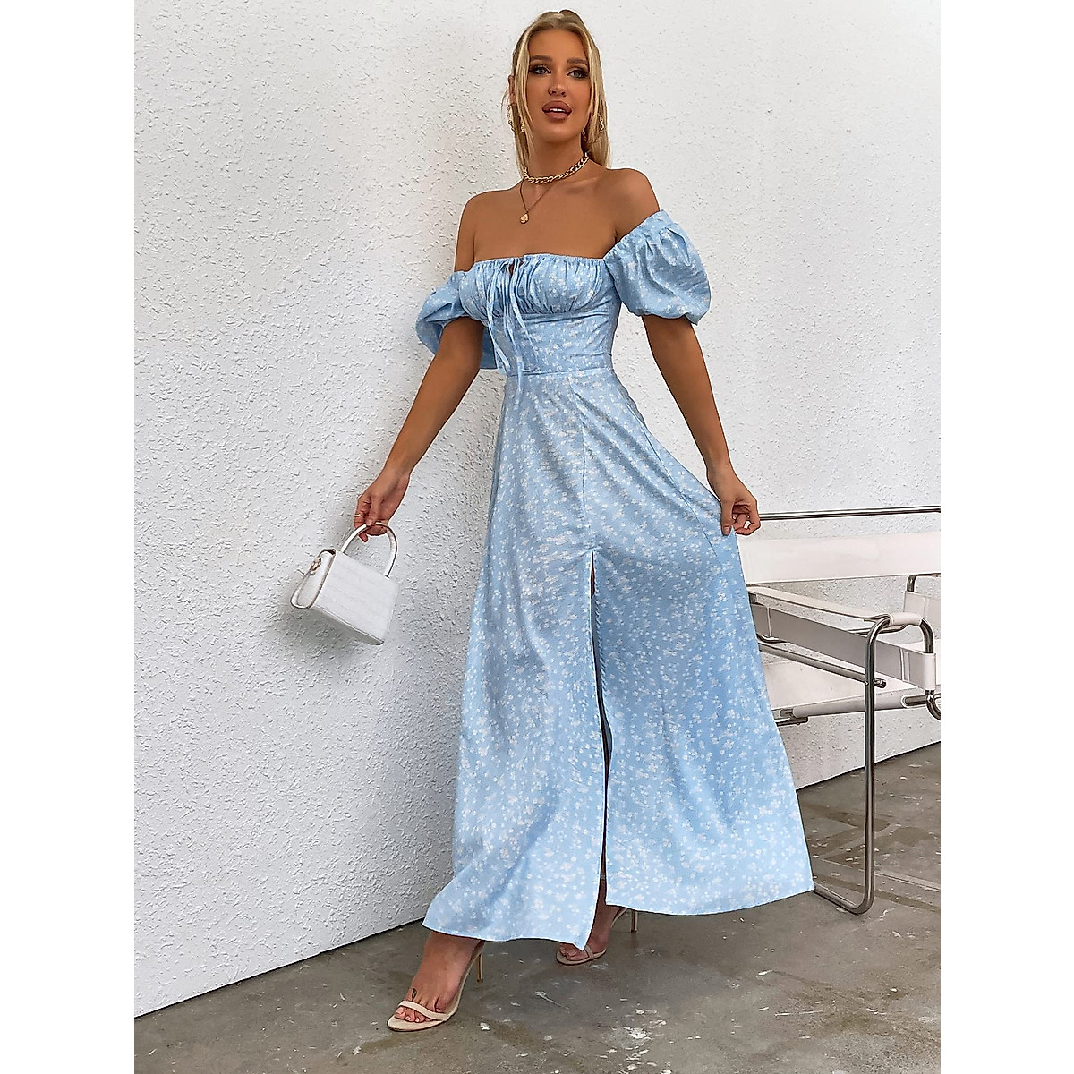 Women's Summer Puff Sleeve Floral Split Maxi Dress Flowy A Line Casual Beach Long Dresses-SkyBlue-XL