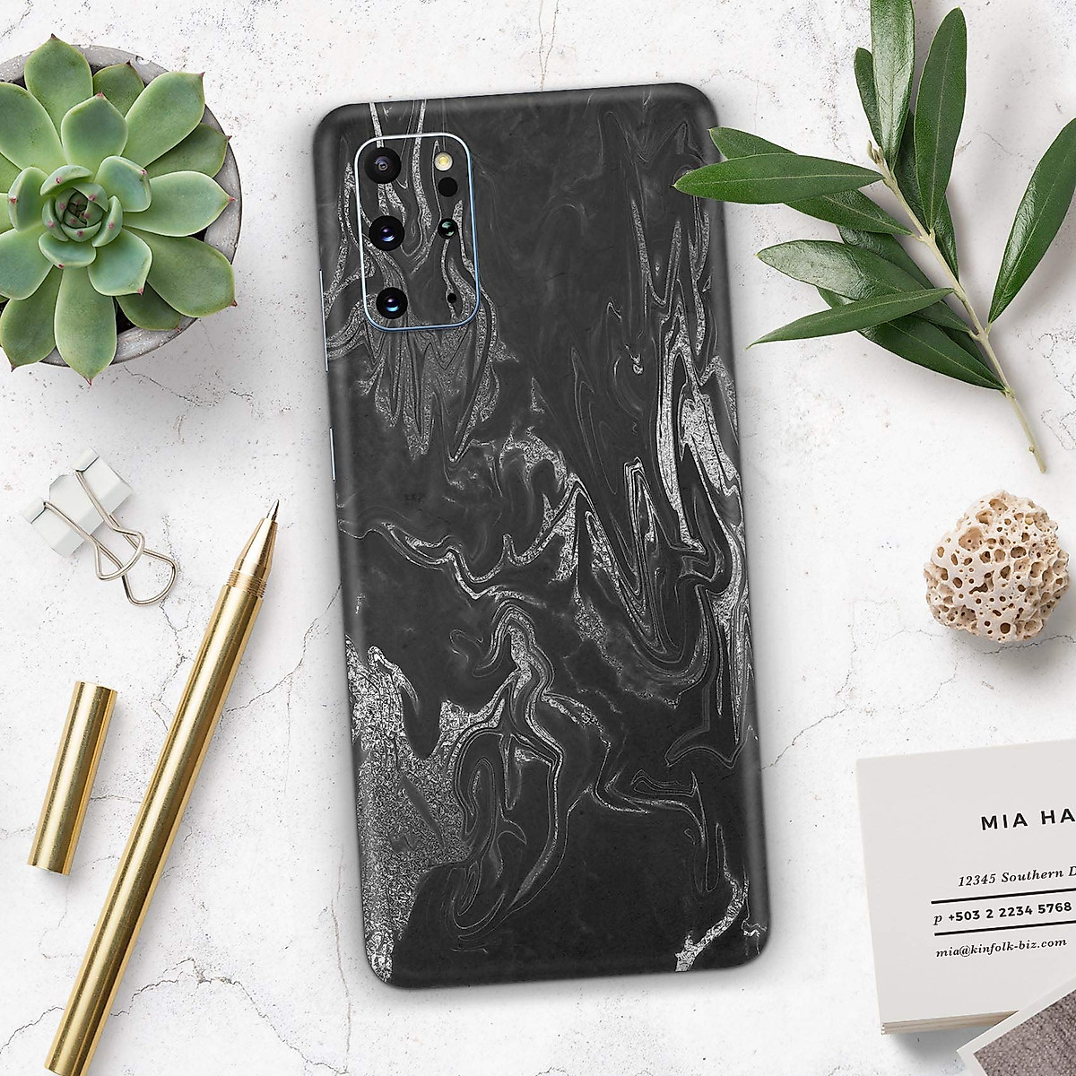 DesignSkinz Black & Silver Marble Swirl V1 Protective Vinyl Decal Wrap Skin Cover Compatible with The Samsung Galaxy S20 (Screen Trim & Back Glass Skin)