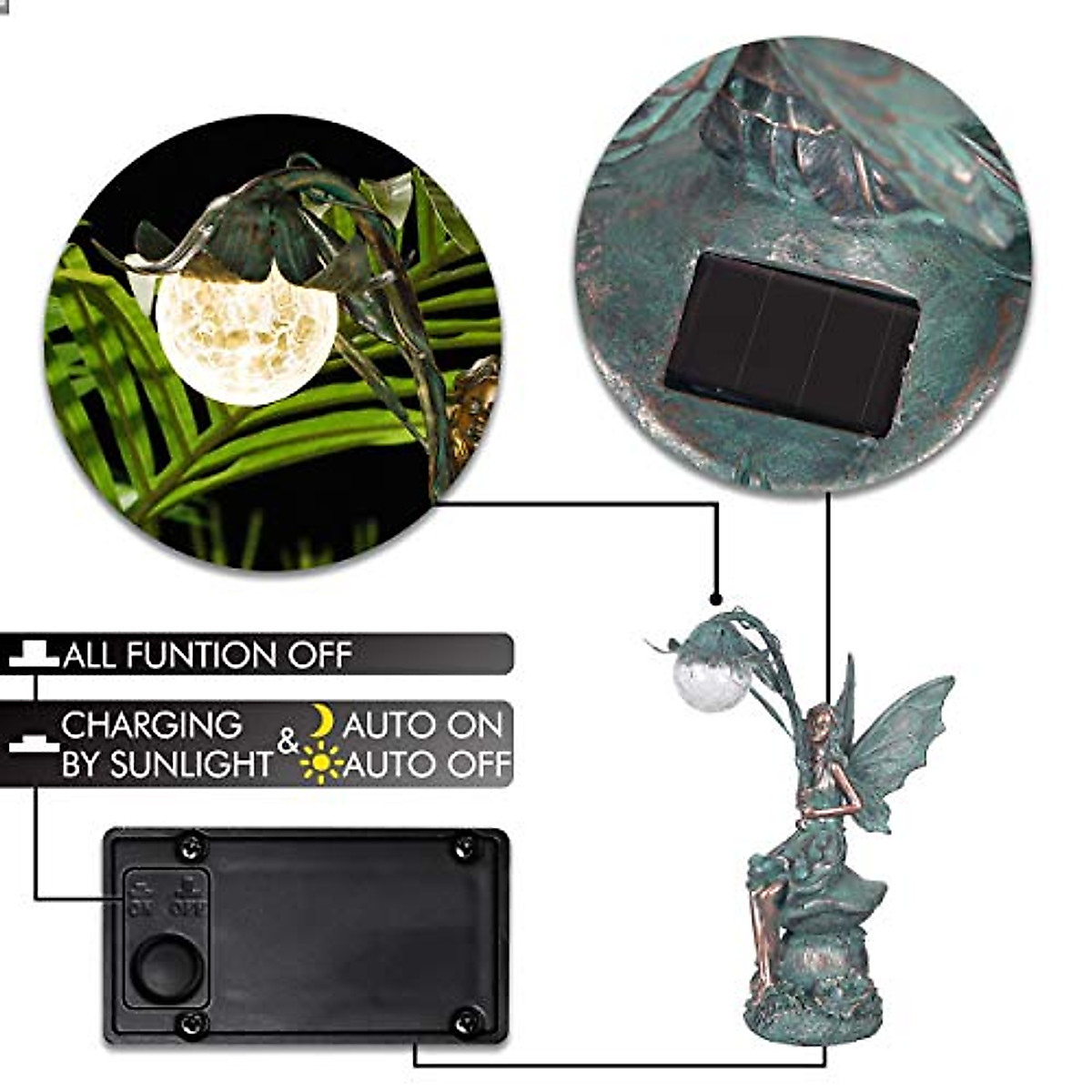 TERESA'S COLLECTIONS Garden Statues Fairy Sculptures & Statues, Solar Garden Figurines Outdoors Decor, Patina Bronze Garden Art for Yard Decor 13.8 Inch