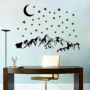 ANFRJJI Mystery Mountain Decal Hill Silhouette Art Vinyl Wall Sticker with Cute Moon and Stars Wall Art Murals for Living Room and Bedroom Effect Size : 45"x32"inch (Black-jwh316-Mountain)