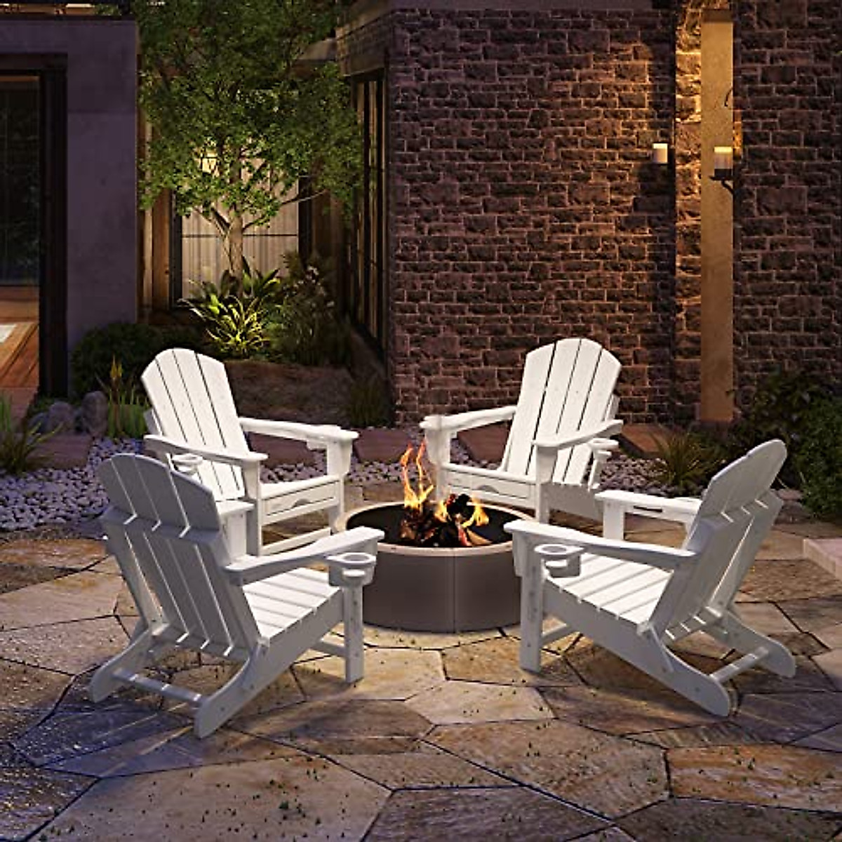 Mdeam Folding Adirondack Chair - Weather Resistant Fire Pit Chair with 2 Cup Holders and Retractable Ottoman for Patio, Garden, Backyard, Lawn, Outdoor (White)