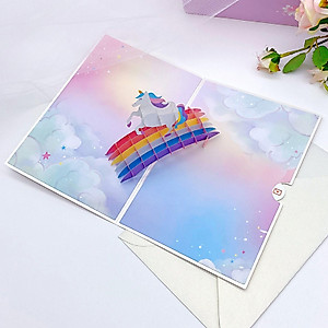 BIRDDIE Unicorn Rainbow 3D Popup Greeting Card With Blank Note Card for Girls, Boys Men and Women All Ages, Thank You Greeting Card with Note Envelope Included (Unicorn)