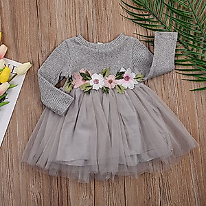 Mubineo Toddler Girl Long Sleeve Knit Dresses Baby Infant Flower Tutu Spring Fall Dress (Grey, 12-18 Months)