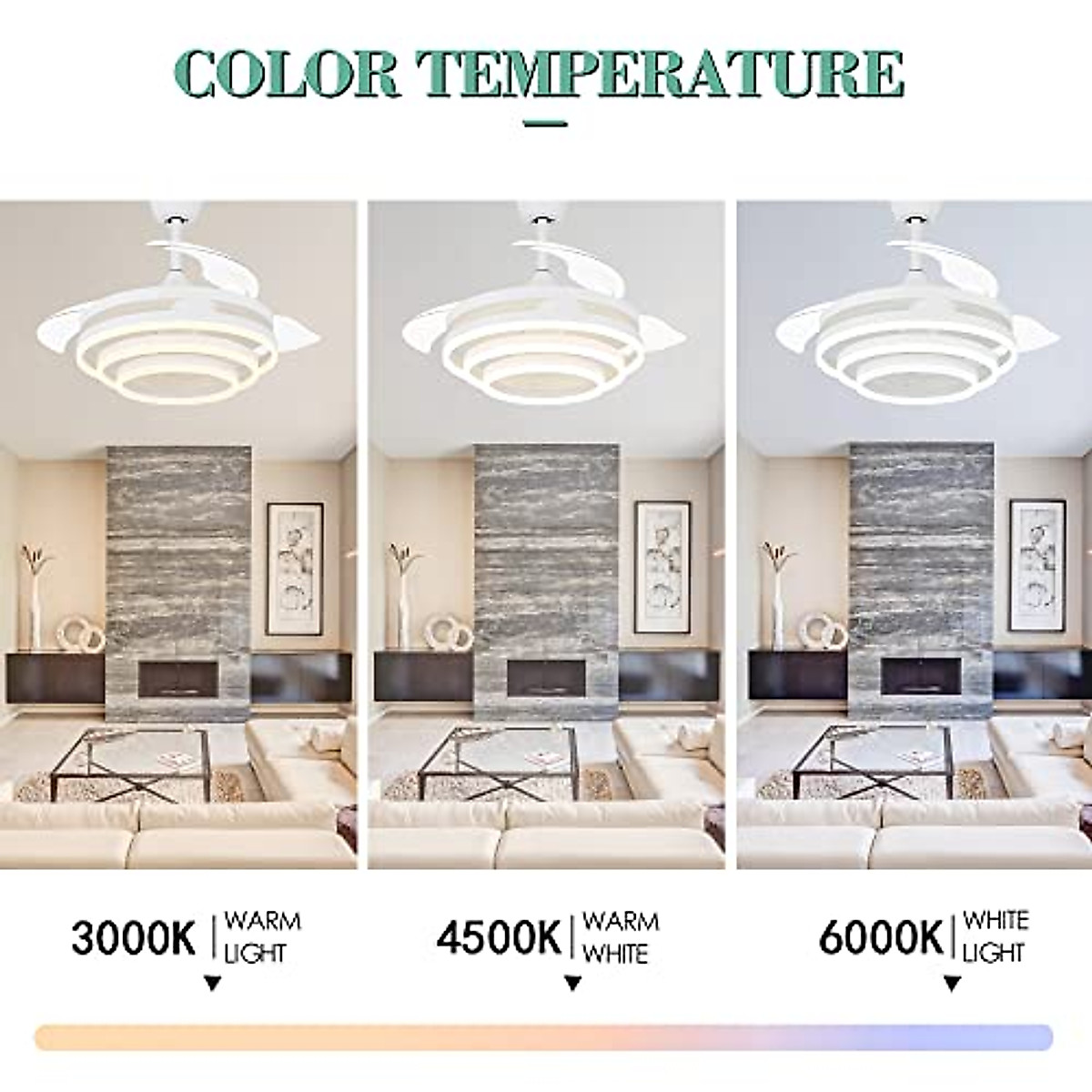 42 Inch Retractable Ceiling Fan, Modern Ceiling Fans with Lights Remote, Silent DC Motor 6 Speeds 3 Color Light, Retractable Blade Ceiling Fan White