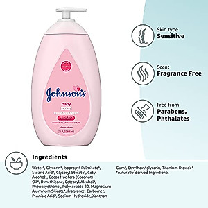 Johnson's Moisturizing Pink Baby Lotion with Coconut Oil, Hypoallergenic and Dermatologist-Tested, 27.1 fl. oz