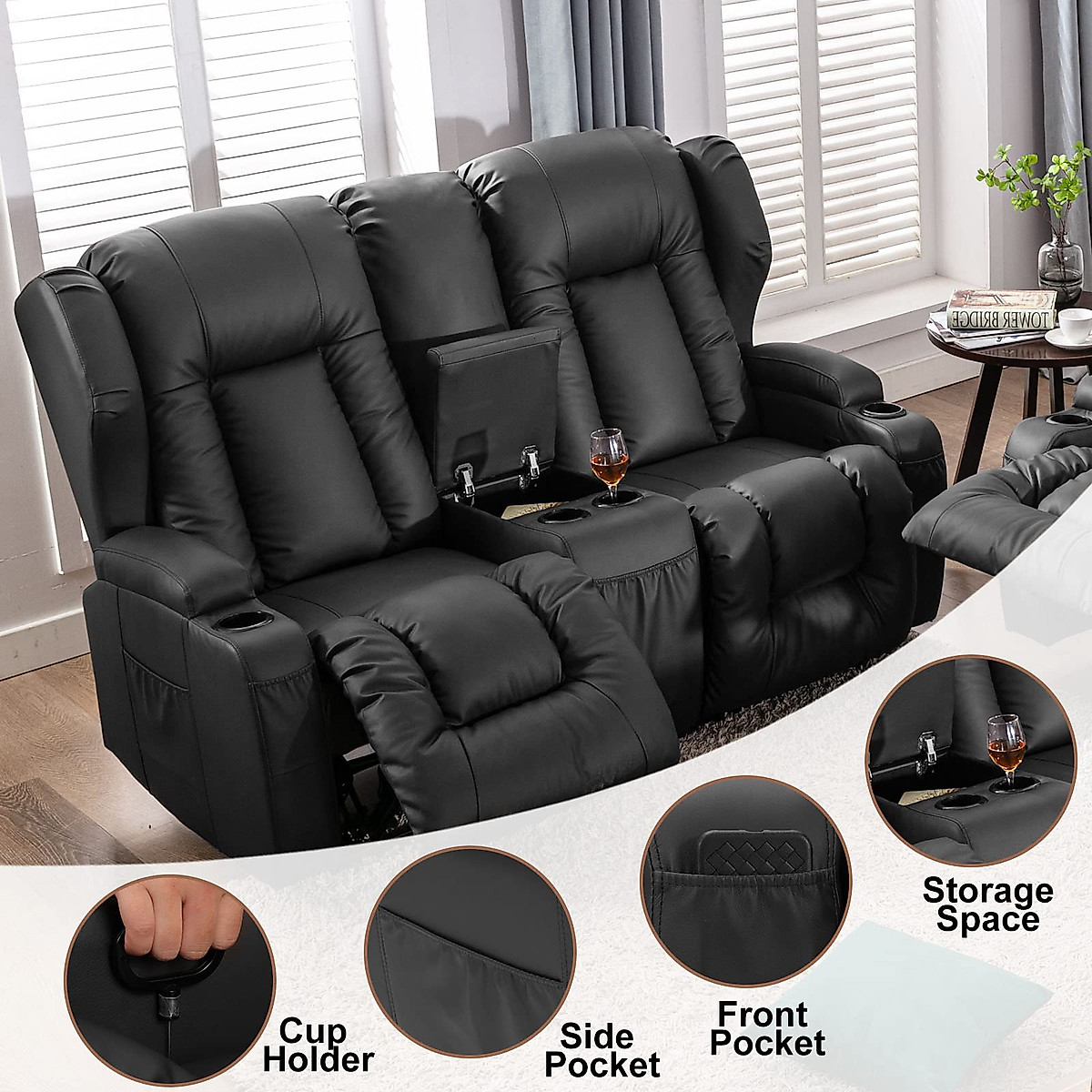 BINGTOO Home Theater Seating 67” RV Recliner Double Recliner Loveseat Manual Recliner Leather Recliner Loveseat Reclining Sofa with Console Slate, Cup Holder, Side Pocket