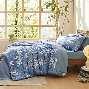 Bedsure Twin Comforter Set - 5 Pieces Floral Blue Soft Bedding Sets, Twin Bed in a Bag with Botanical Flowers Comforter, Sheets, Pillowcase & Sham