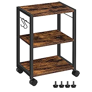 ALLOSWELL Mobile Printer Stand, 3-Tier Printer Cart Under Desk with Storage, Industrial Rolling Cart with 2 Hooks, Sturdy Little Cart on Wheels for Home Office, Rustic Brown and Black PTHR4001
