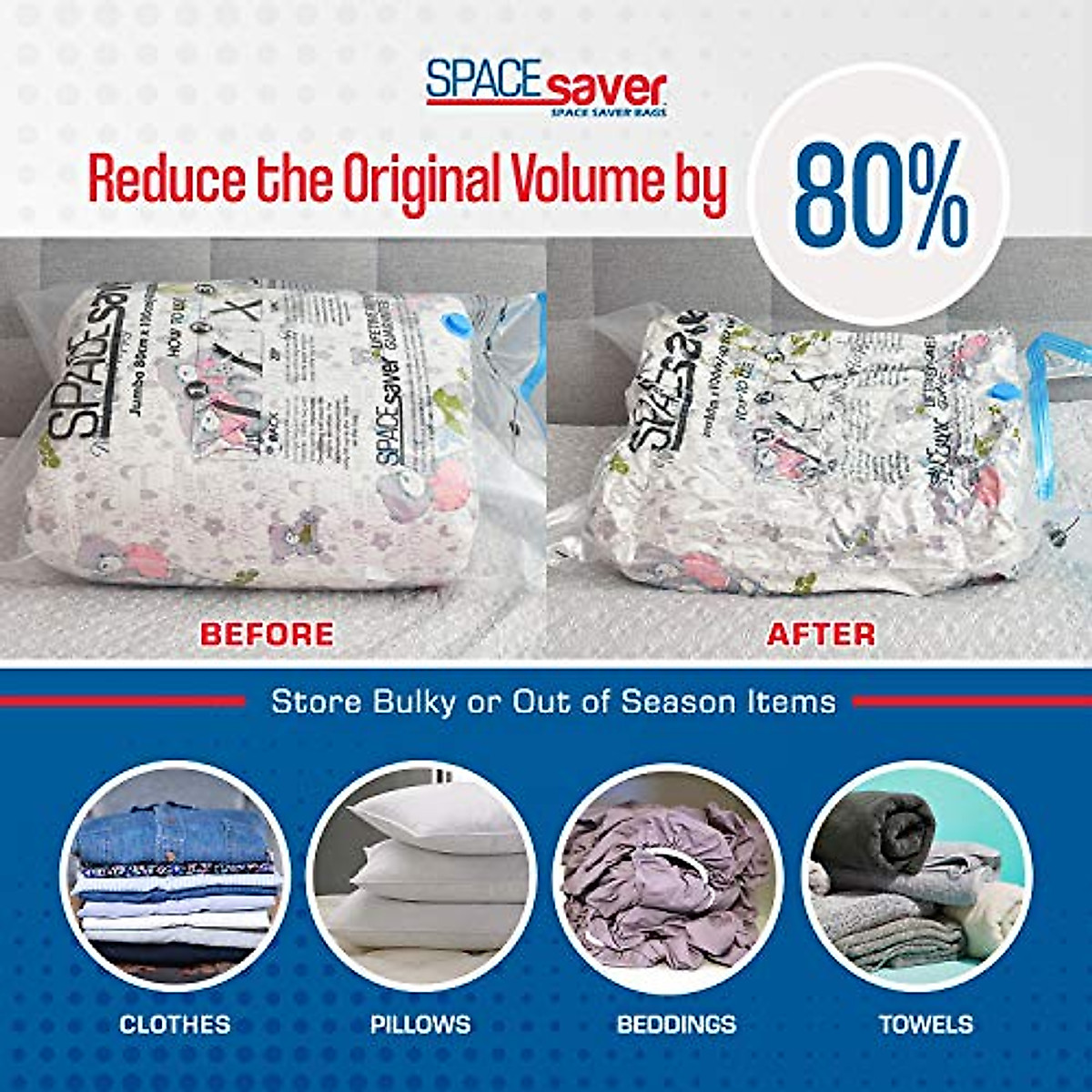 Variety 4 Pack | Spacesaver Vacuum Storage Bags Save 80% on Clothes Storage Space - Vacuum Sealer Bags for Comforters, Blankets, Bedding, Clothing - Compression Seal for Closet Storage - Pump for Travel (2 Large and 2 Jumbo bags)