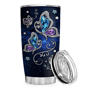Wassmin Butterfly Tumbler Butterflies Gift For Women Girls Teen Jewelry Drawing Style Stainless Steel Insulated Tumblers Coffee Travel Mug 20oz Cup With Lid Birthday Christmas Presents