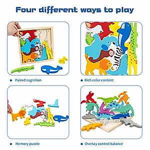 XJYQJD Dinosaur Sorting & Stacking Toys for Toddlers 1-3, Wooden Dinosaur Blocks Puzzles for Kids 2-4 Multi-Theme Animals Fruits Numbers Jigsaw Puzzles Montessori Educational Learning Toys (4 Pack)