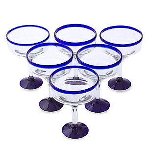 NOVICA - 284619 NOVICA Clear Blue Rim Glass Eco-Friendly Margarita Glasses, 13 Ounces, 'Cobalt Contrasts' (Set Of 6)