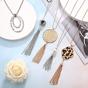 Hicarer 5 Pieces Tassel Long Necklaces for Women Knot Disk Tassel Statement Boho Sweater Chain Necklace Set (Chic Style)