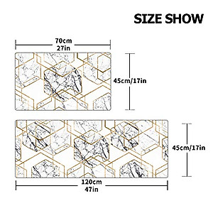 Anti Fatigue Kitchen Rugs and Mats Set,2 Piece Modern Farmhouse Kitchen Rug Runner Non Slip Waterproof Comfort Soft Cushioned Standing Kitchen Floor Mats (17"x 47"+17"x 27", Gold White Marble)