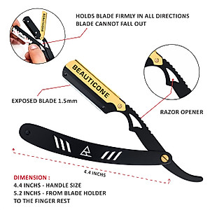 BEAUTICONE Straight Razor for Men, Professional Barber Razor with 100 Single Edge Blades, Straight Edge Single Blade Razors for Men, (Black & Gold with 100 blades)