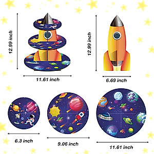Ayearparty 3 Tier Space Cupcake Stand Astronaut Rocket Outer Space Party Table Decorations Cardboard Cup Cake Holder Solar System Themed Party Supplies for Kids Boys Birthday Baby Shower