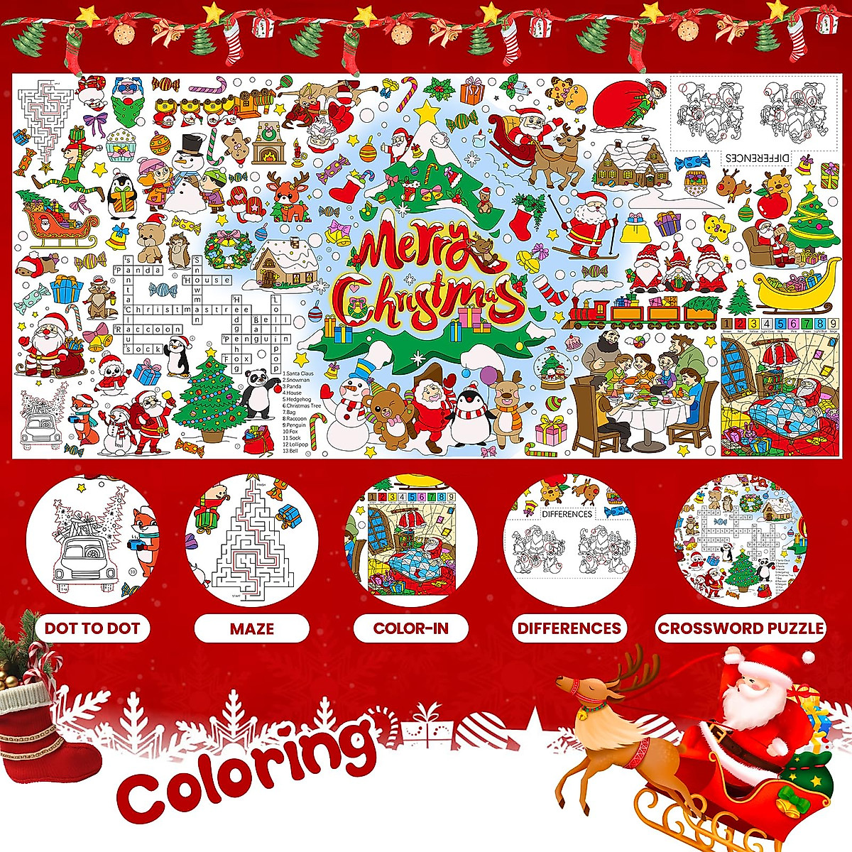 PADTIC Giant Coloring Poster,35x72inch Versatile Merry Christmas Paper Coloring Tablecloth,DIY Christmas Tree,Santa Claus,Gnomes,Elk,Snowman Table Cover Kids Art Crafts Home Classroom Party Supplies