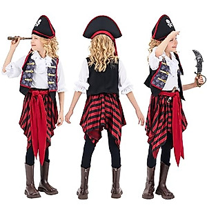 Joy Bang alloween Pirate Costume Kids, Girls Dress Up Pretend Role Play Party for Toddlers, Buccaneer Top Princess Skirt Waist Belt with Accessories