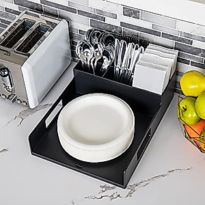 Mind Reader Utensil Napkin & Plate Holder, Silverware Organizer, Serving Tray, Plastic, 11.25"L x 15.25"W x 4.5"H, Black