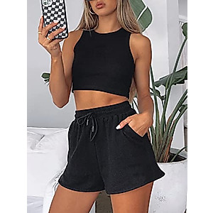 PEIARA 2 Piece Shorts Set for Women Outfits Vacation Linen Lounge Set Waffle Crop Top And Drawstring Shorts Set Tracksuits