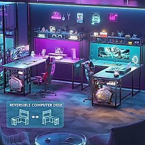 Besiost L Shaped Gaming Desk with Power Outlets, 59" Reversible L Shaped LED Computer Desk with Monitor Stand & Storage Shelf, Corner Gamer Desk Home Office Desk with Storage Bag, Black Oak