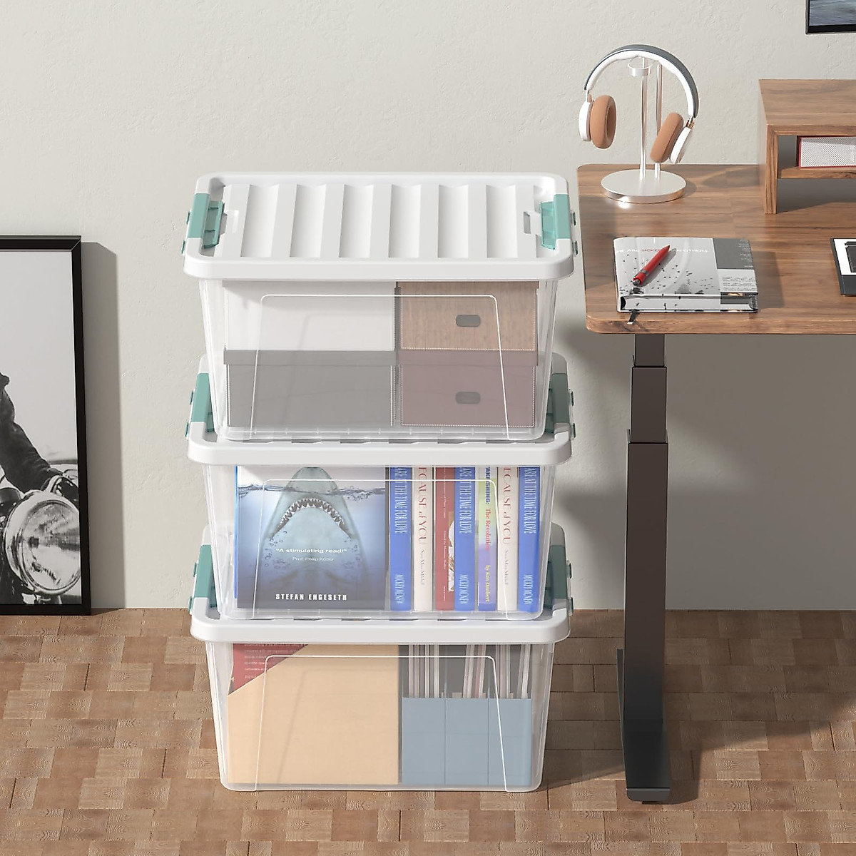 CadineUS 4-pack 35 Quarts Large Latching Storage Boxes, Clear Plastic Organizer Tote Bins with Lids