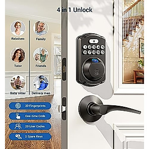 Veise Fingerprint Door Lock with 2 Lever Handles - Keyless Entry Door Lock, Electronic Keypad Deadbolt & Front Door Lock Handle Sets, Auto Lock & 1 Touch Locking, Easy Installation, Matte Black