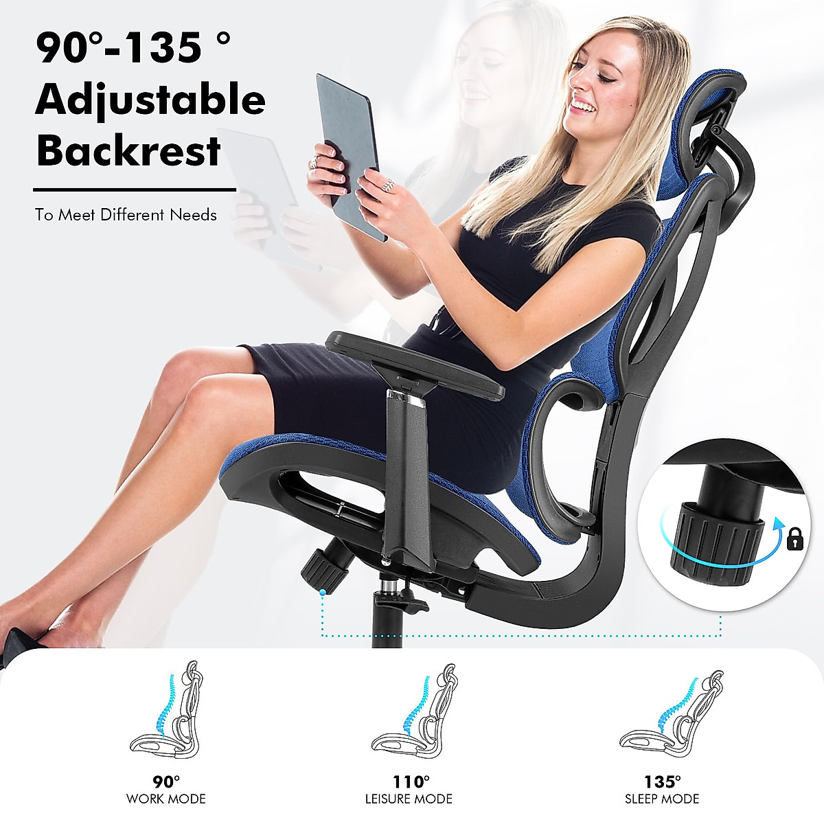 Ferghana Ergonomic Mesh Office Chair, High Back Home Desk Chair with Lumbar Support, Adjustable 3D Armrest and Headrest, Executive Swivel Computer Chair with 300Lbs Weight Capacity(Navy)