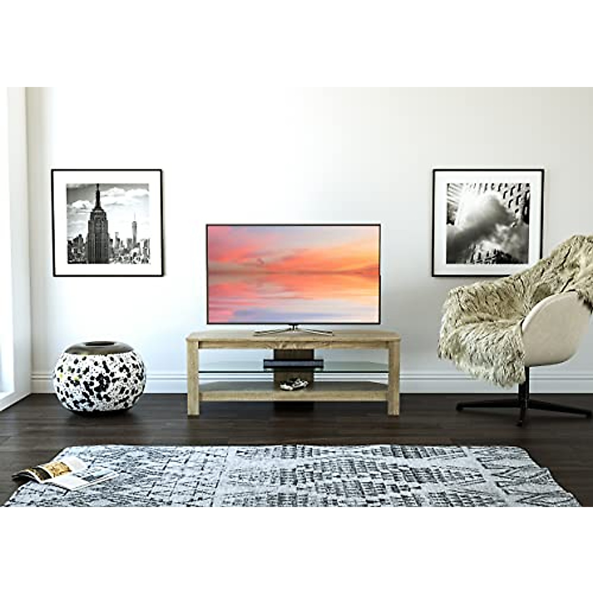 AVF CA115GOX-A Stand, Rustic Sawn Oak with Glass Shelf, Sizes – 27”, 32”, 37”, 39”, 40”, 42”, 46”, 47”, 50”, 55”. for TVs with Wide feet, Please Measure to Assure fit