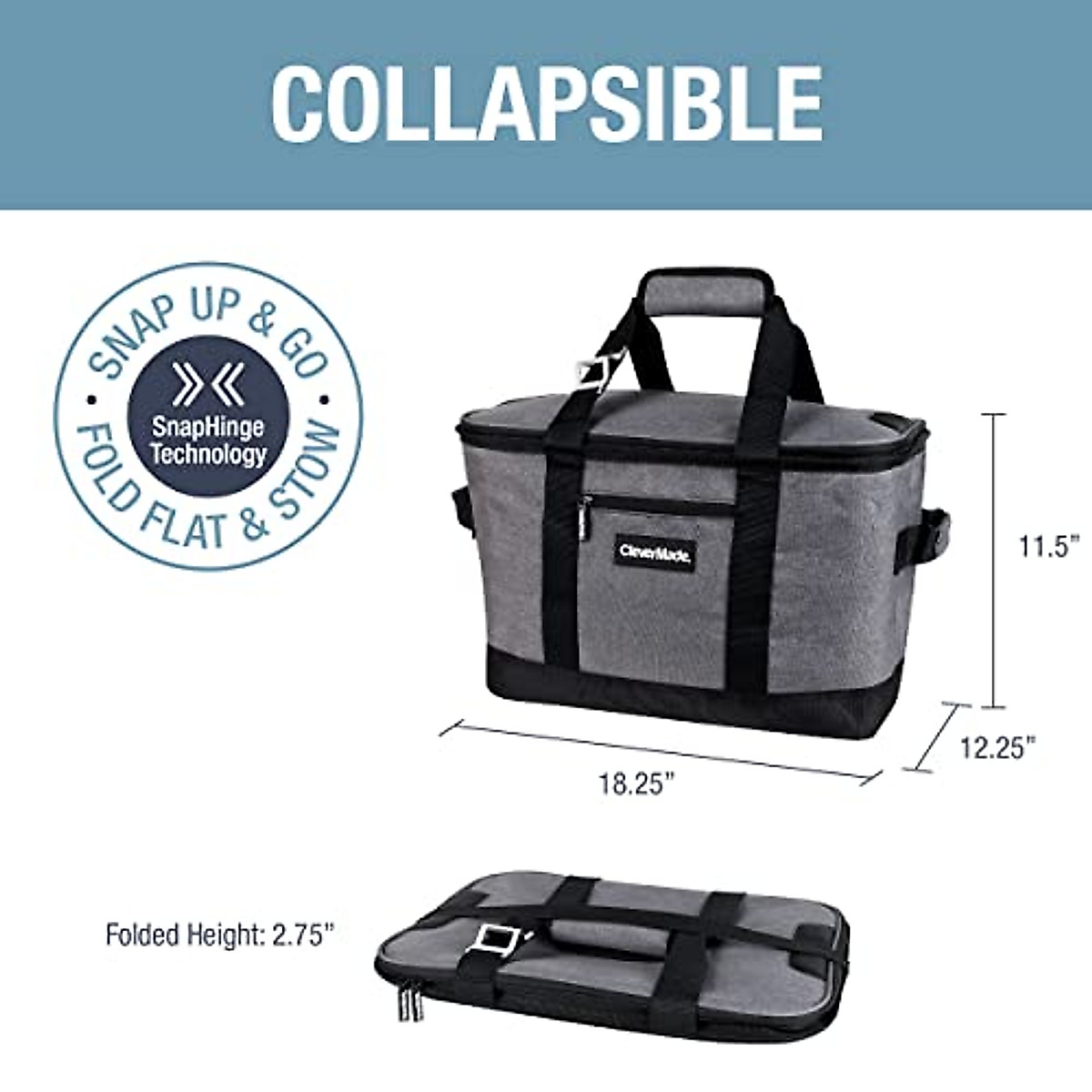 CleverMade Collapsible Cooler Bag, Heather Grey/Black & Maelstrom Collapsible Soft Sided Cooler - 75 Cans Extra Large Lunch Cooler Bag Insulated Leakproof Camping Cooler, Grey