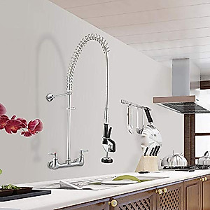 Aquaterior 41" Height Commercial Kitchen Sink Faucet Pre-Rinse Wall-Mount Faucet Double Handle Brass with Pull Down Fit for 2/3 Compartment Sink CUPC NSF ANSI CEC