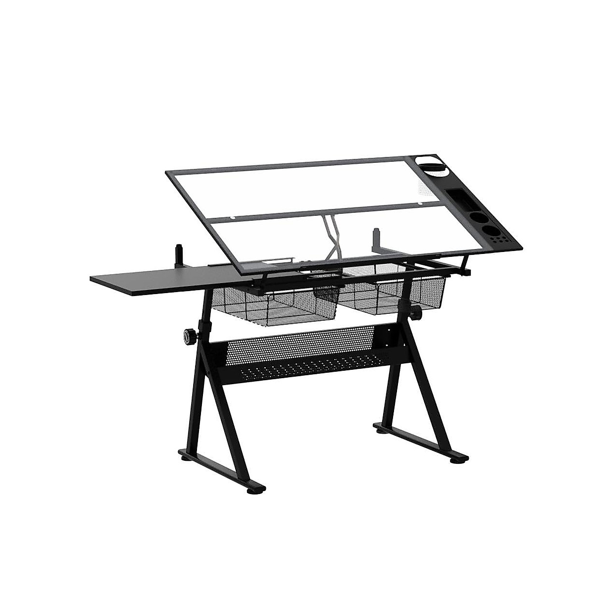 LiviNest Height Adjustable Drafting Table - Modern Tempered Glasses Artist Drawing Table Tilted Tabletop with Chair - Glass Topped Art Desk Work Station with Stool for Home Office Black