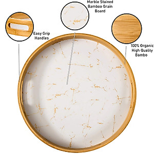 20 Bowls Large Round Bamboo Serving Tray, 16" White, Handles for Easy Transport