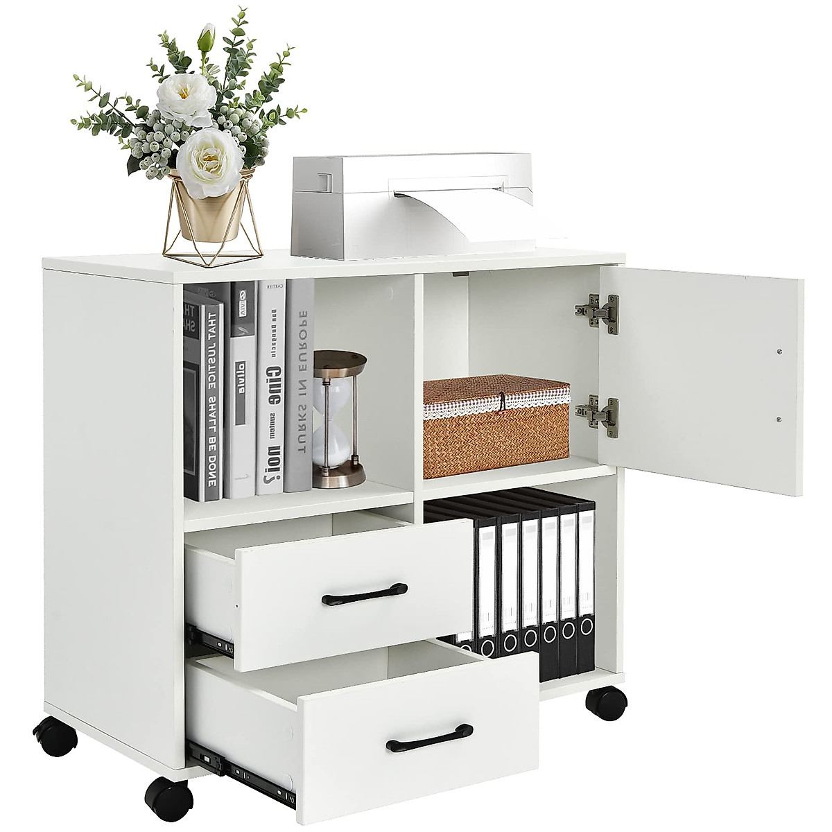 Giantex Printer Stand Under Desk - Mobile File Cabinet with 2 Drawers, Lateral Cabinet, 2 Open Compartments, Lateral Rolling Filing Cabinet on Wheels for Home & Office Use Printer Table (White)