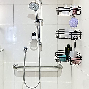 Corner Shower Caddy Adhesive Shower Organizer Corner No Drilling Shower Caddy Bathroom Wall Mounted Bathroom Storage Rack with Hooks 3 Pack (Black)