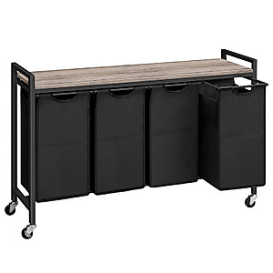 HOOBRO Laundry Sorter 4 Sections, Laundry Hamper with Wheels, 4 × 10.5 Gal (39.8L), Rolling Laundry Basket, Pull-Out and Removable Oxford Fabric Laundry Bags, Greige and Black BG04XY01