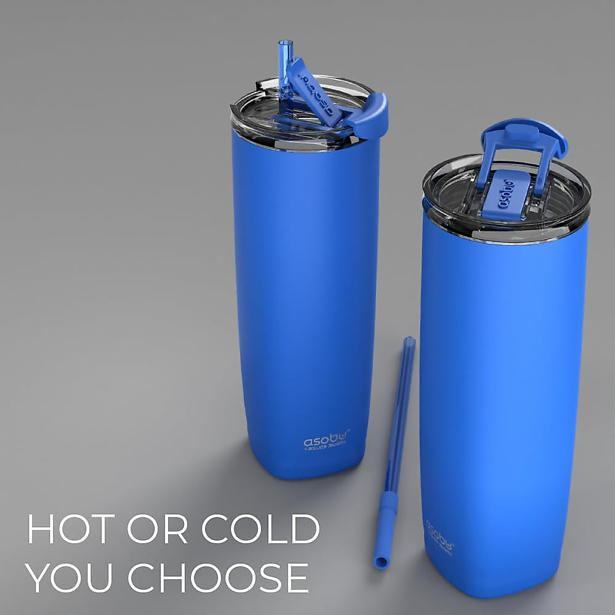 asobu Aqualina Stainless Steel Insulated Water Bottle with Interchangeable Hot and Cold Lid and Built in Straw (Blue)