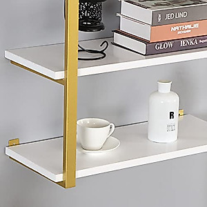 SSS Furniture 3-Tier Modern Rustic Floating Wall Shelves, 24 Inch Industrial Shelving Iron Wall Shelves,White and Gold Farmhouse Wall Bookshelf Mounted for Bedrooms Office