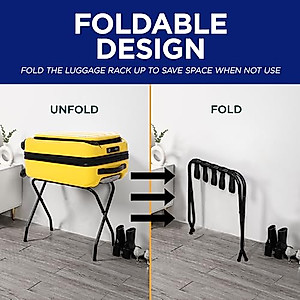 Lifemaster Metal Luggage Rack - Pack of 1 Foldable, Easy Assembly, Space Saving, and Stylish Steel Frame Guest Suitcase Stands with Nylon Straps - Black