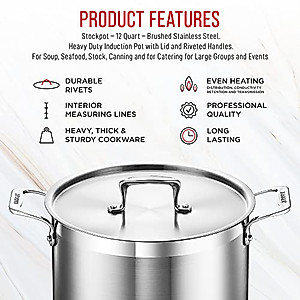 Stockpot – 12 Quart – Brushed Stainless Steel – Heavy Duty Induction Pot with Lid and Riveted Handles – For Soup, Seafood, Stock, Canning and for Catering for Large Groups and Events by BAKKEN